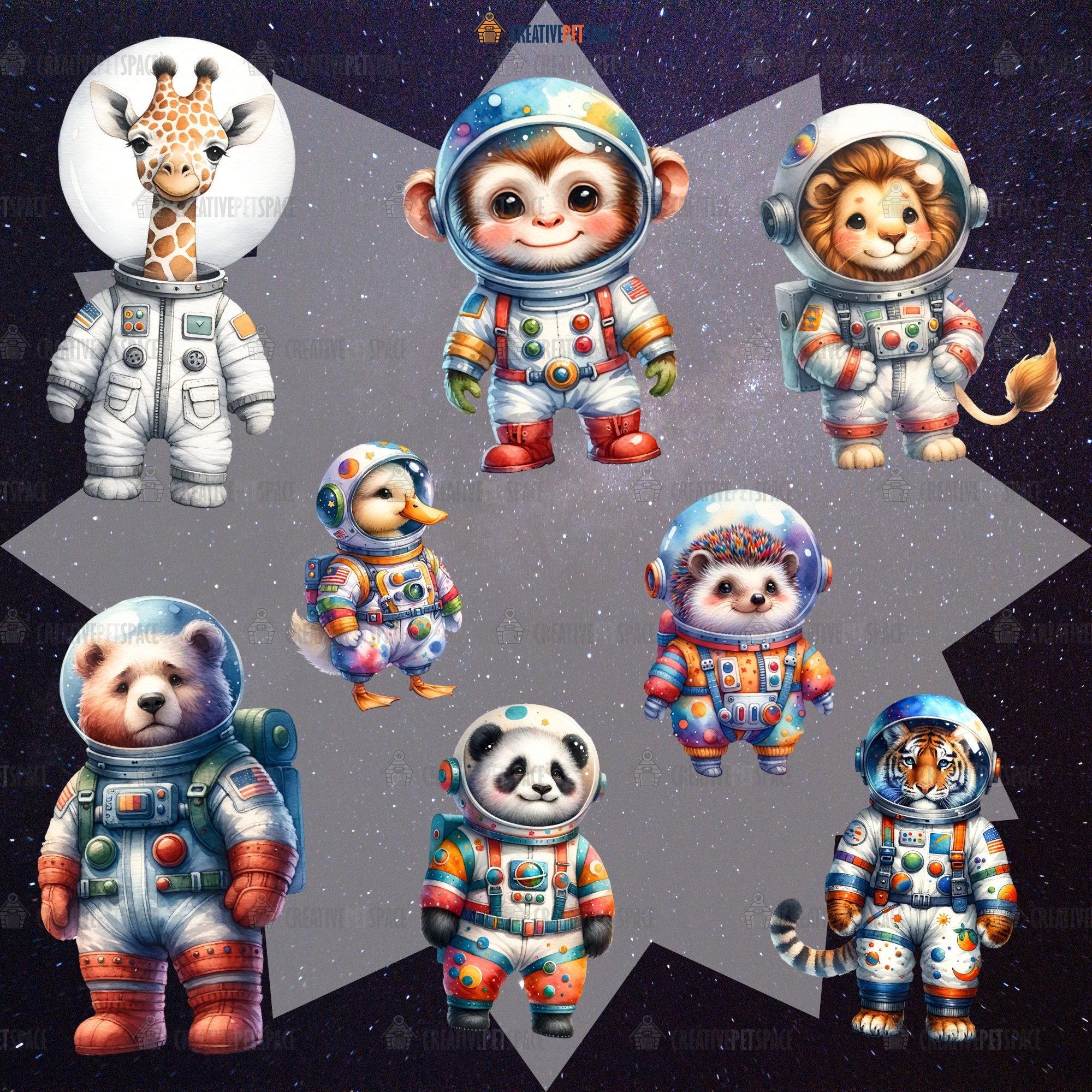 Space Animals Clipart Set - 27 Astronaut Animals, 300 DPI, 4096x4096 ...