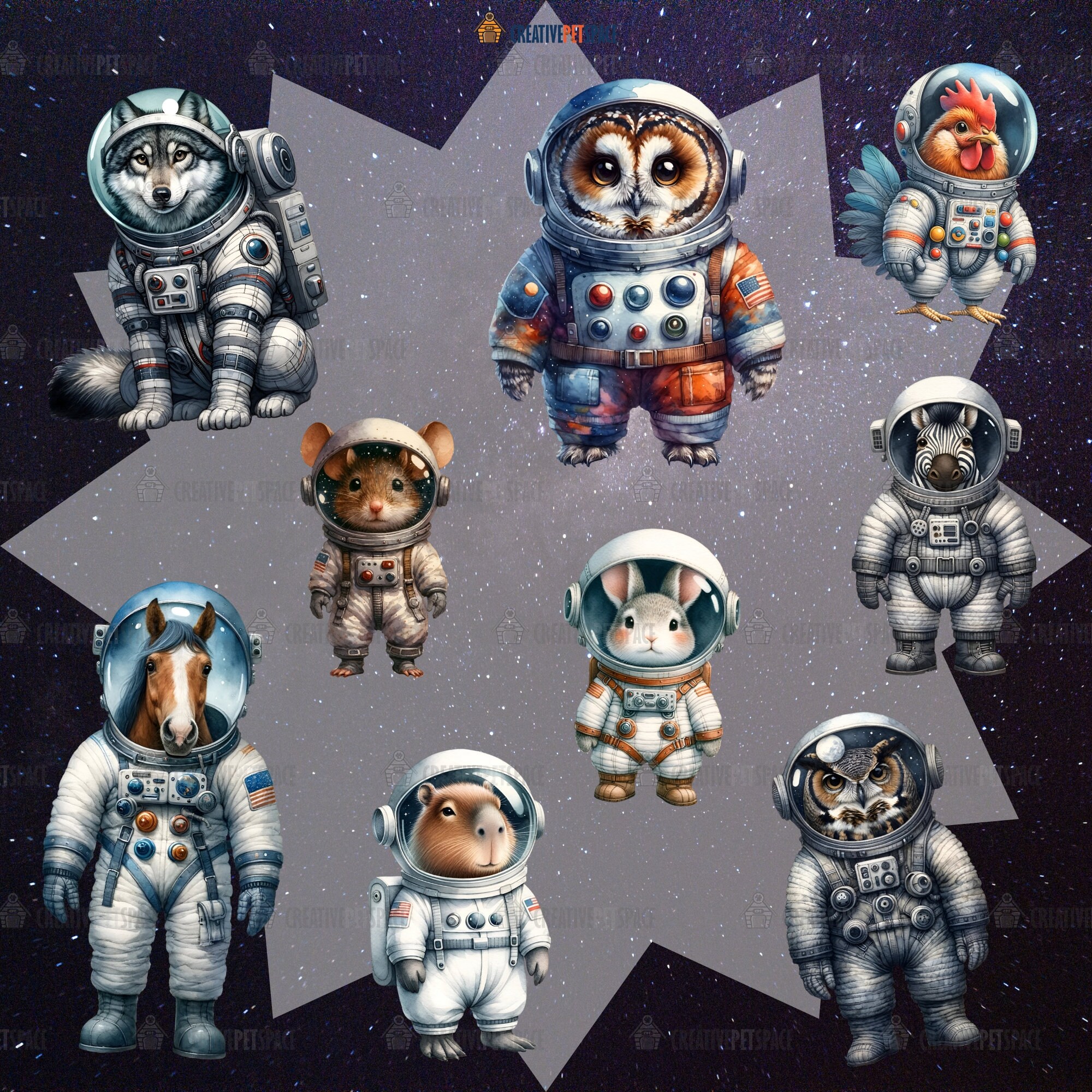 Space Animals Clipart Set - 27 Astronaut Animals, 300 DPI, 4096x4096 ...