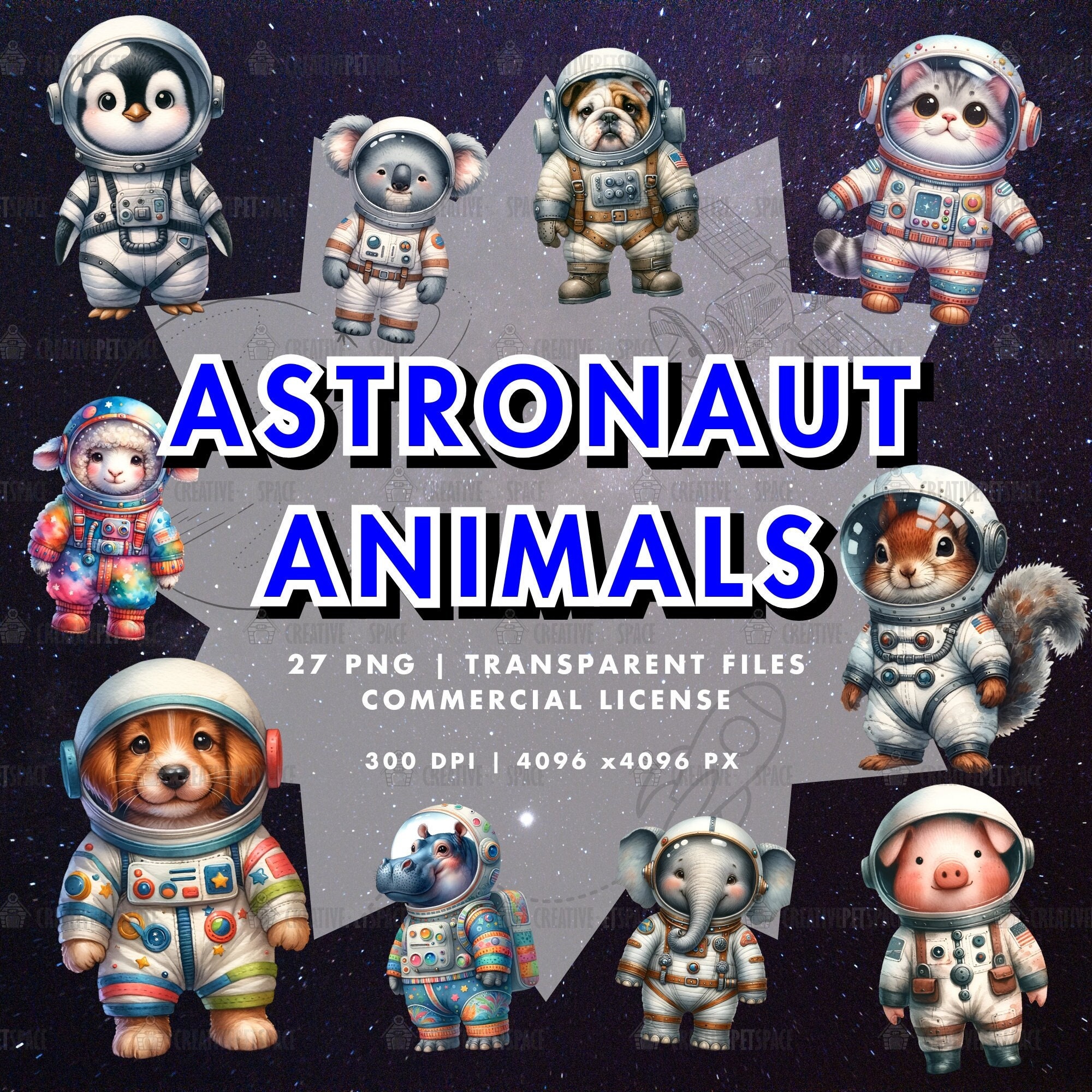 Space Animals Clipart Set - 27 Astronaut Animals, 300 DPI, 4096x4096 ...