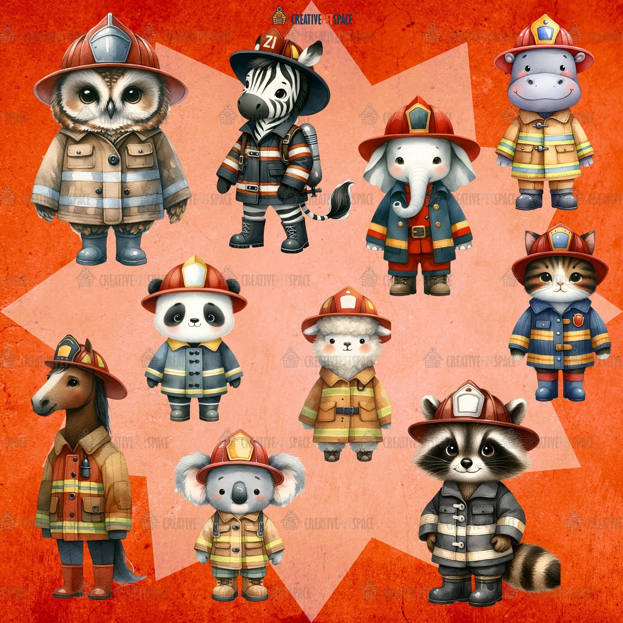 Firefighter Animals Clipart Set - 31 Transparent PNG Files, Digital ...
