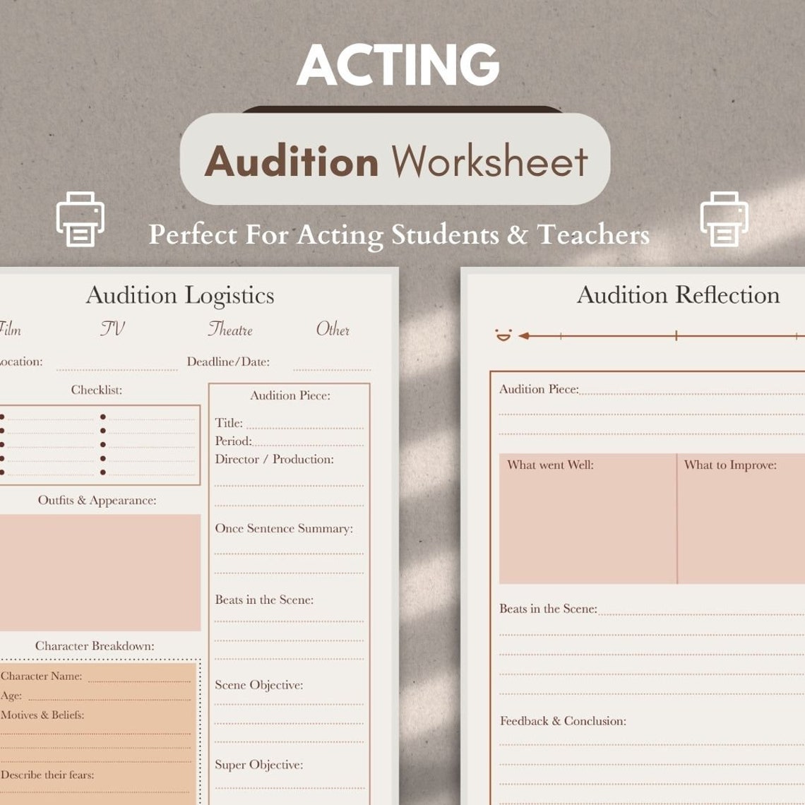 Printable Acting Audition Worksheet Acting Student & Teacher Resources ...