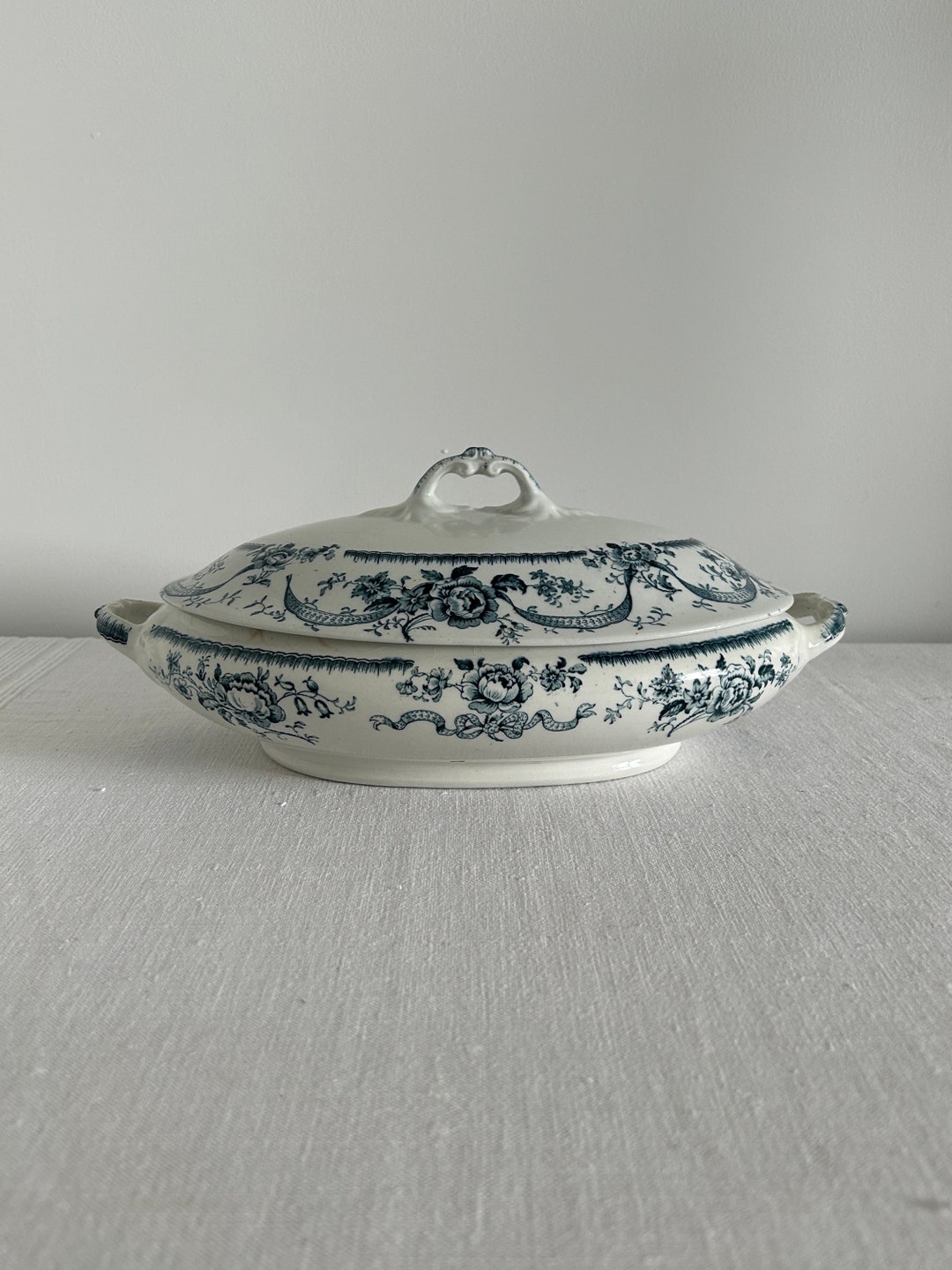 Antique English Ironstone Tureen Blue Transfer Myott Son and Co rose ...