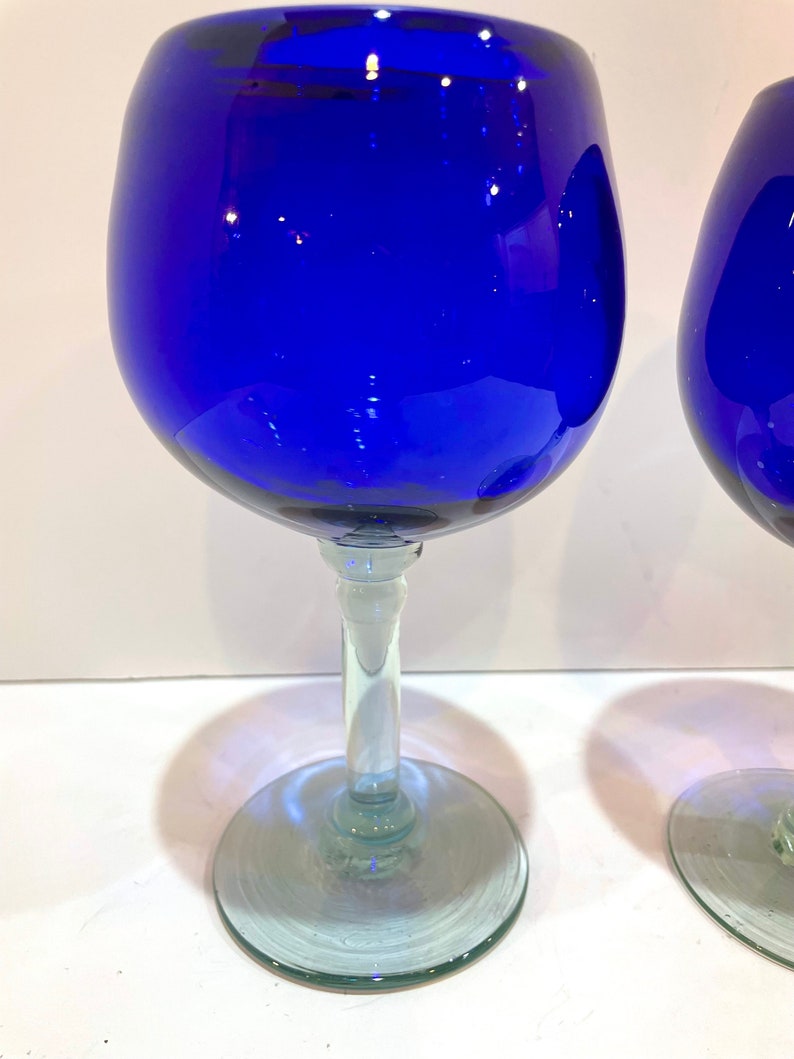 Cobalt Blue Large Wine Goblets Mexican Hand Blown Glass - Vintage Set ...