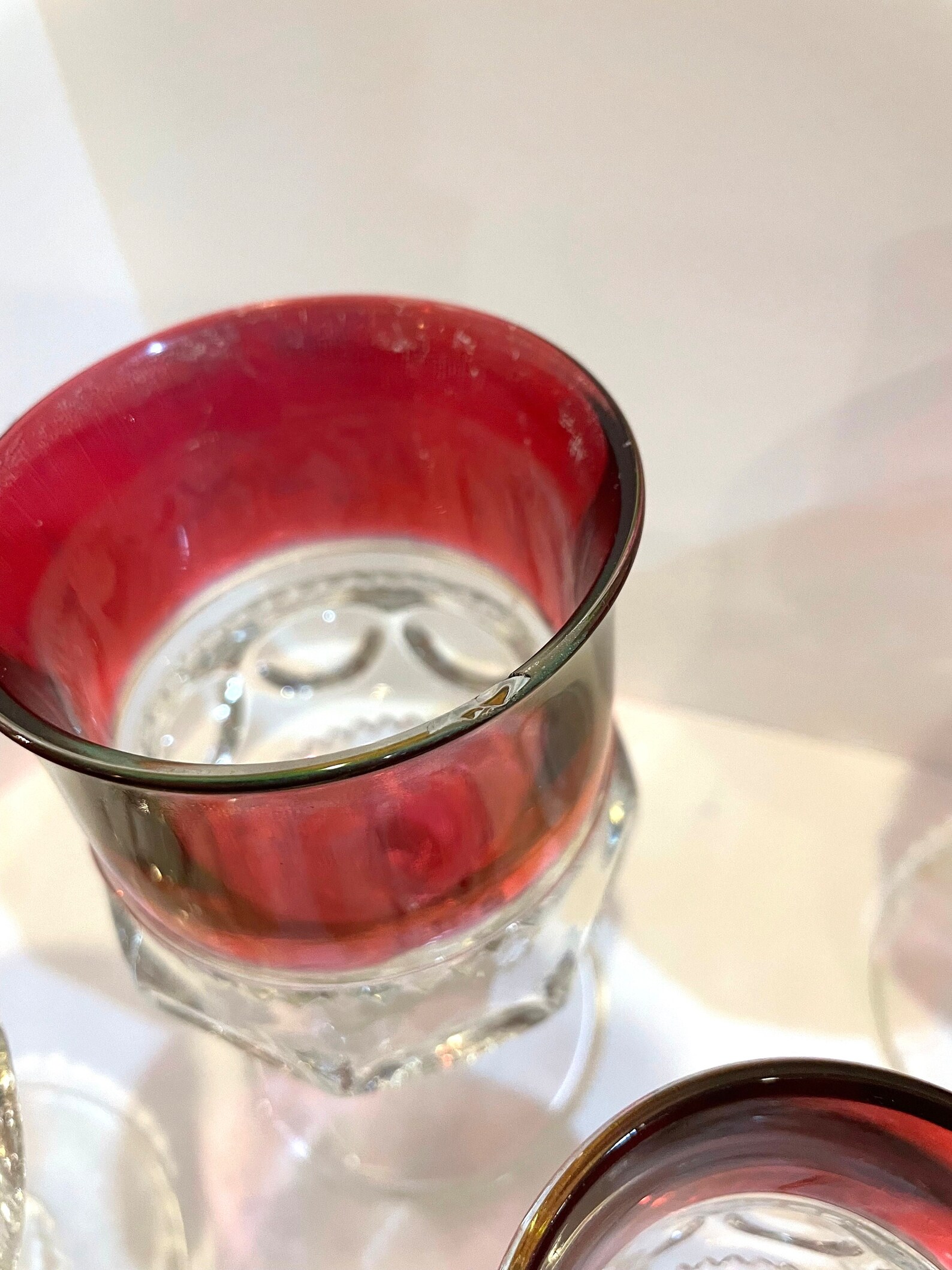 King's Crown Cranberry Flashed Thumbprint Glasses by Tiffin Glass Co ...