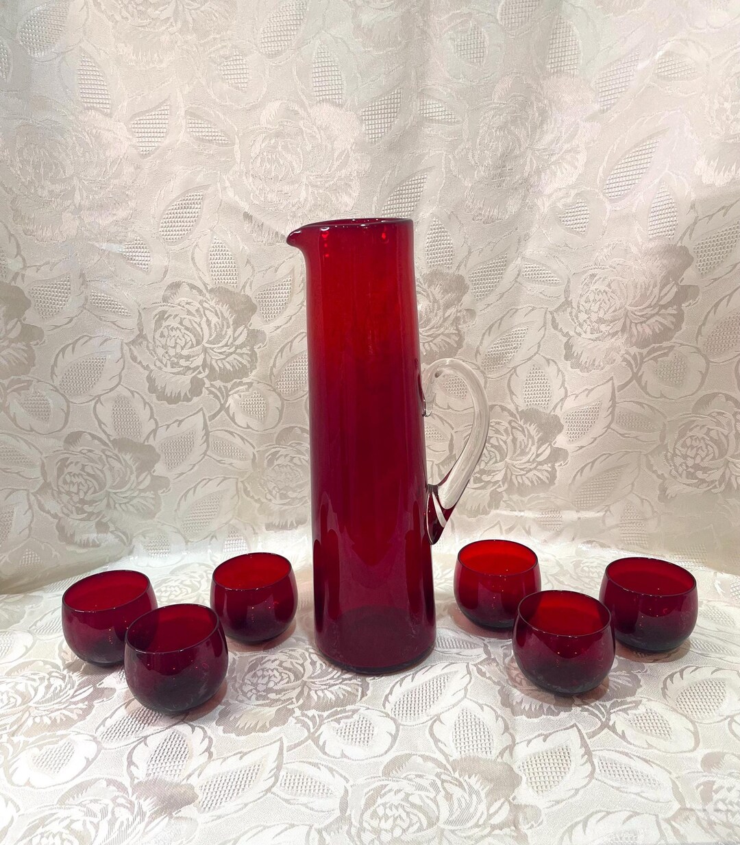 Ruby Red Art Glass Tall Slender Pitcher and 6 Matching Cups - Sold ...