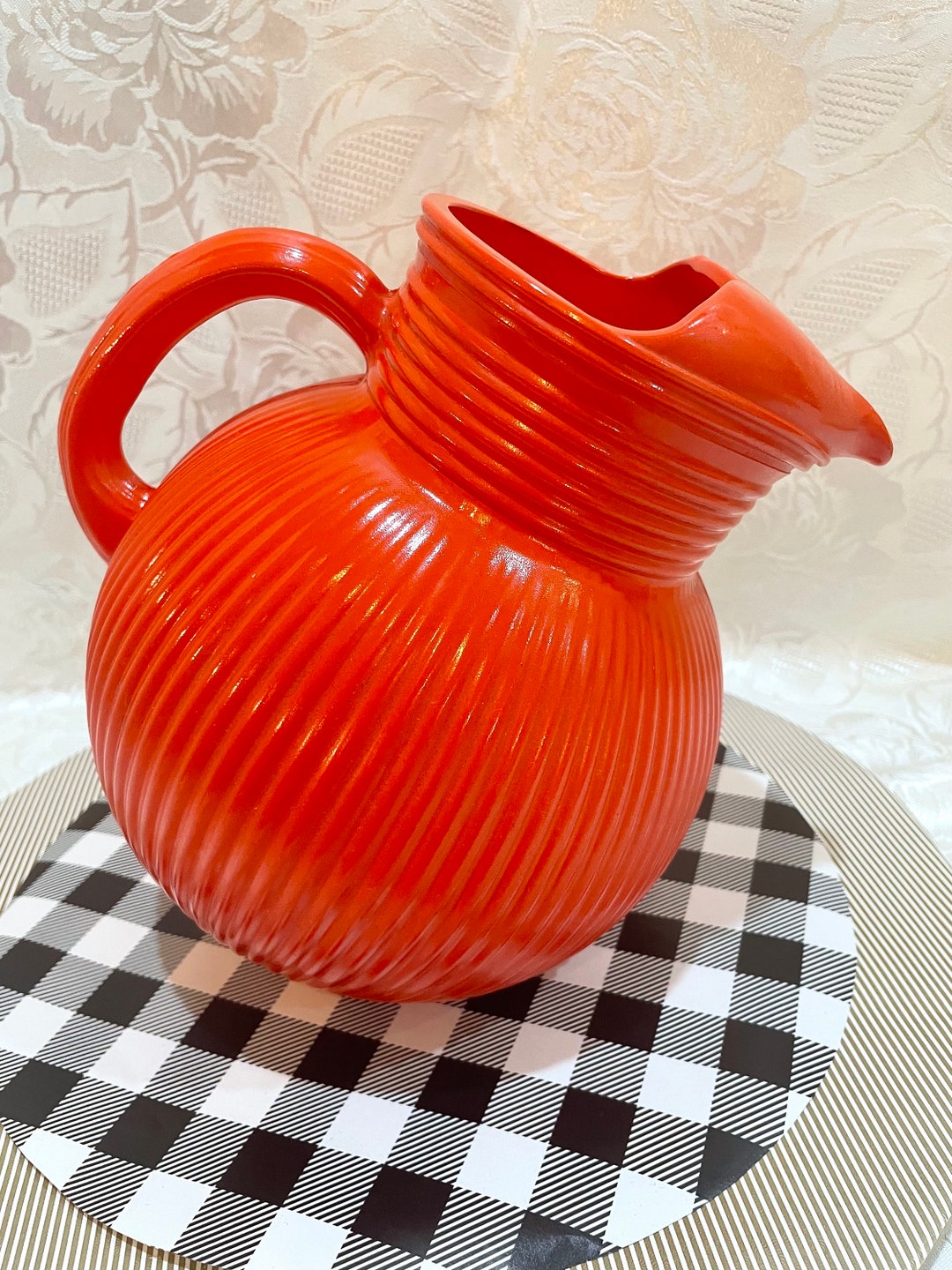 Hazel Atlas Orange Tilted Ribbed Pitcher – 1940s Mid-century Fired-on ...