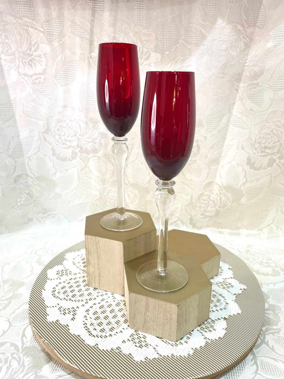 Ruby Red Wine Glasses With Clear Stems - Set of 2 - Vintage - Etsy
