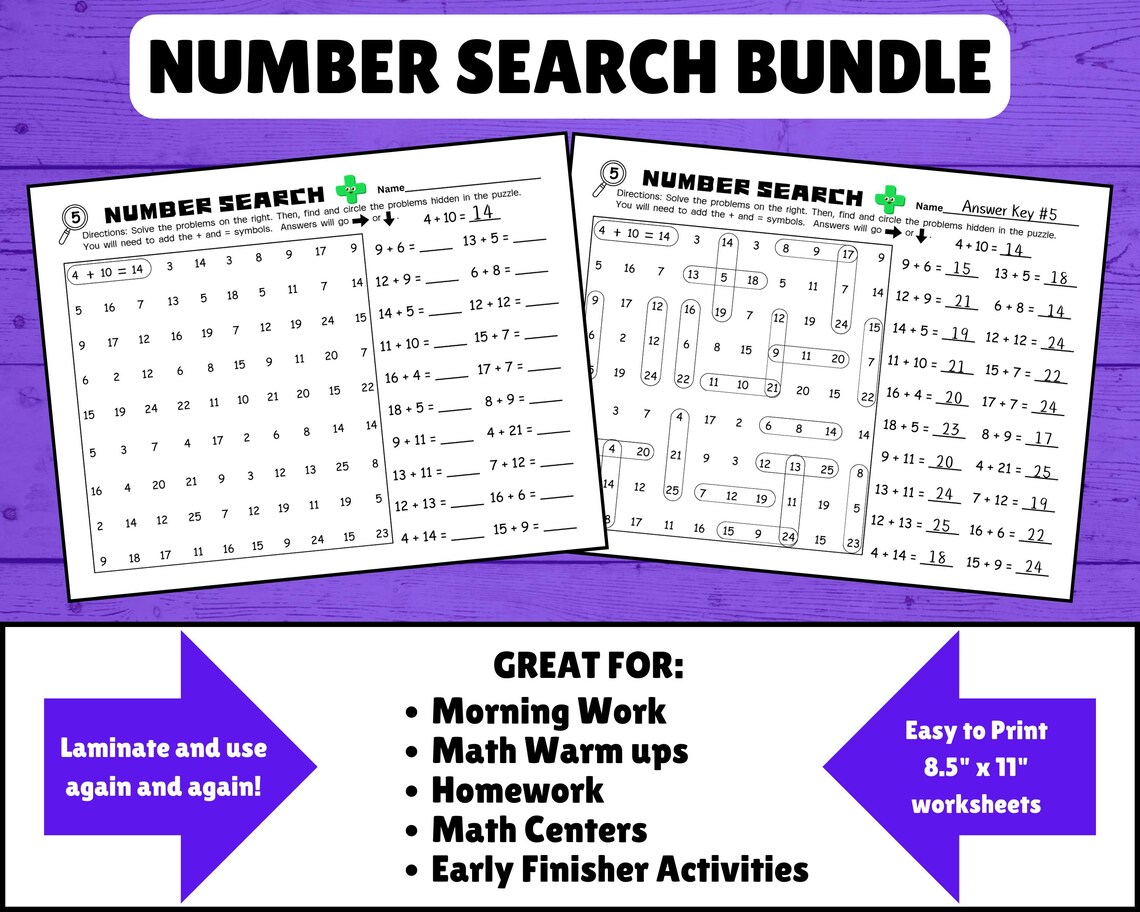Math Fact Fluency Number Search Bundle, Printable Math Puzzles for Kids ...