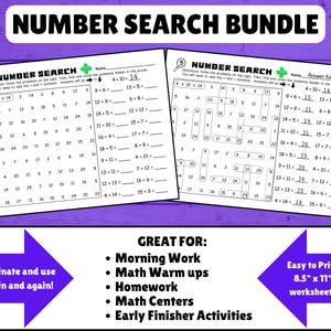 Math Fact Fluency Number Search Bundle, Printable Math Puzzles for Kids ...
