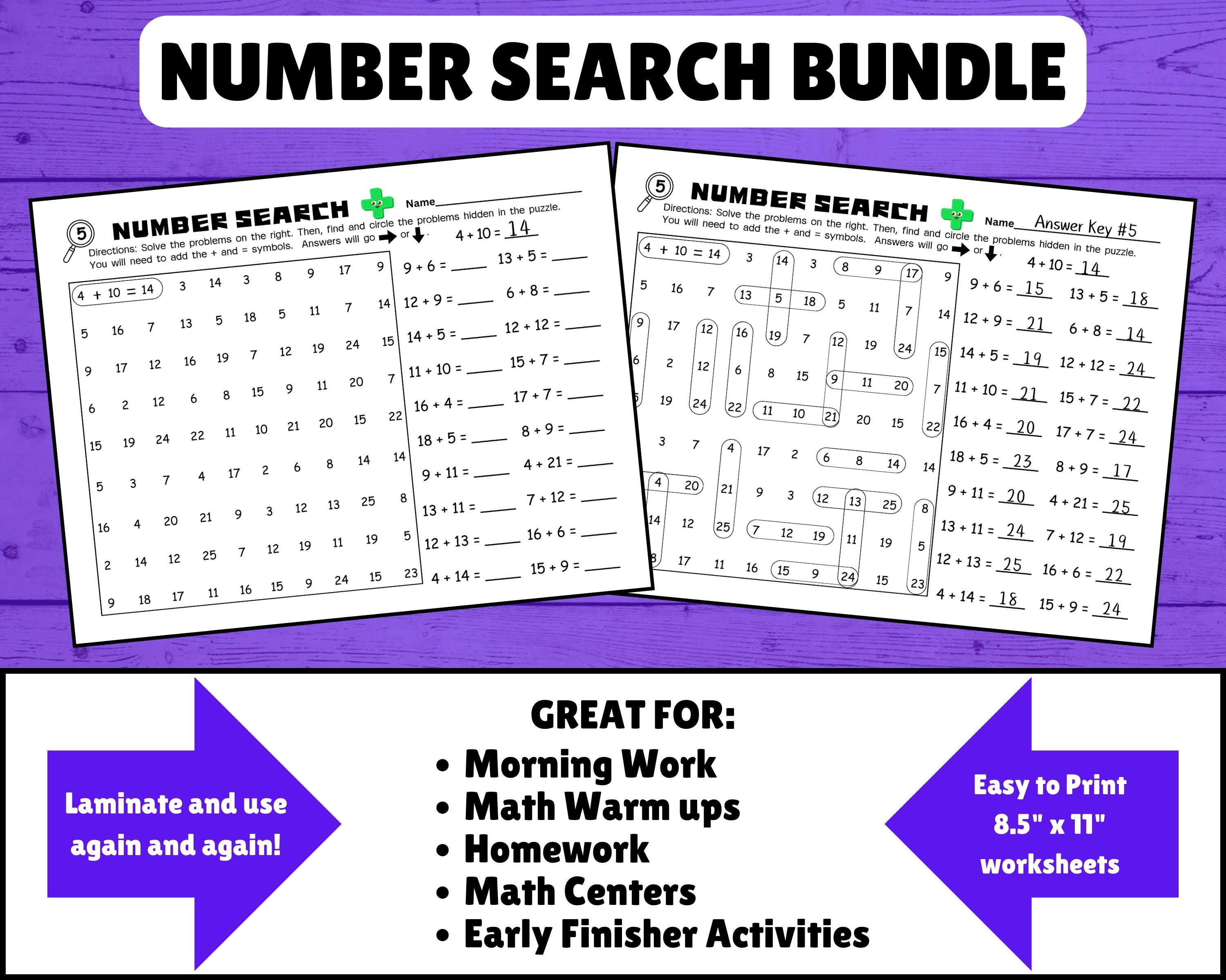 Math Fact Fluency Number Search Bundle, Printable Math Puzzles for Kids ...