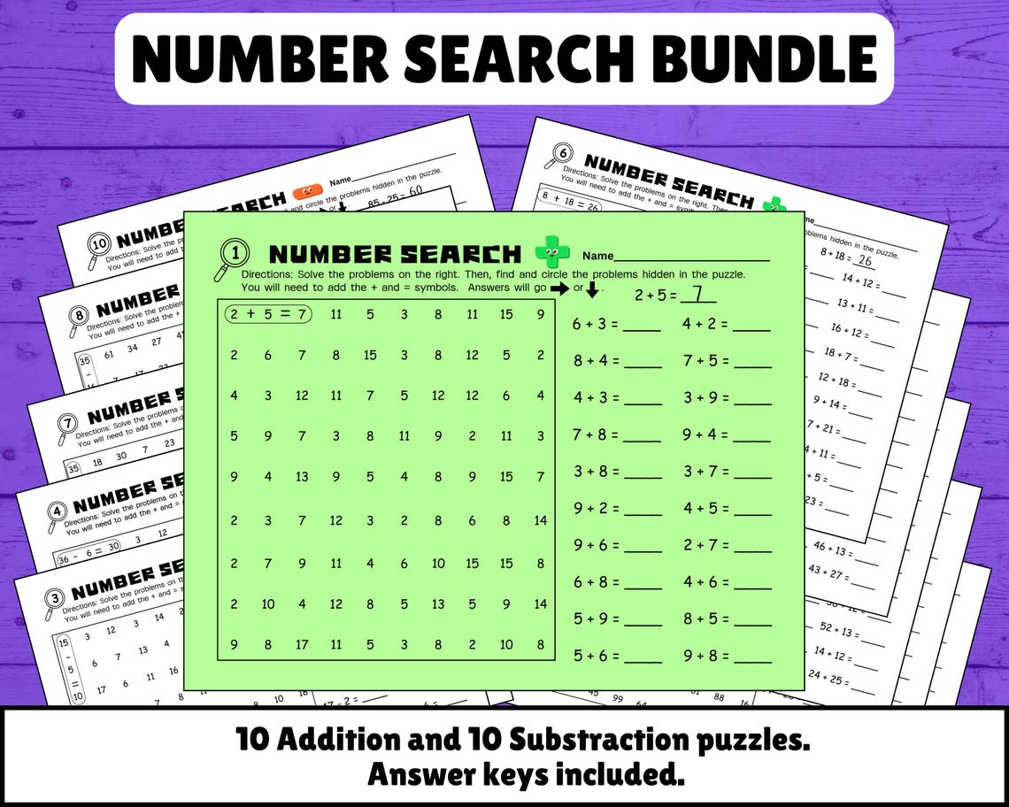 Math Fact Fluency Number Search Bundle, Printable Math Puzzles for Kids ...