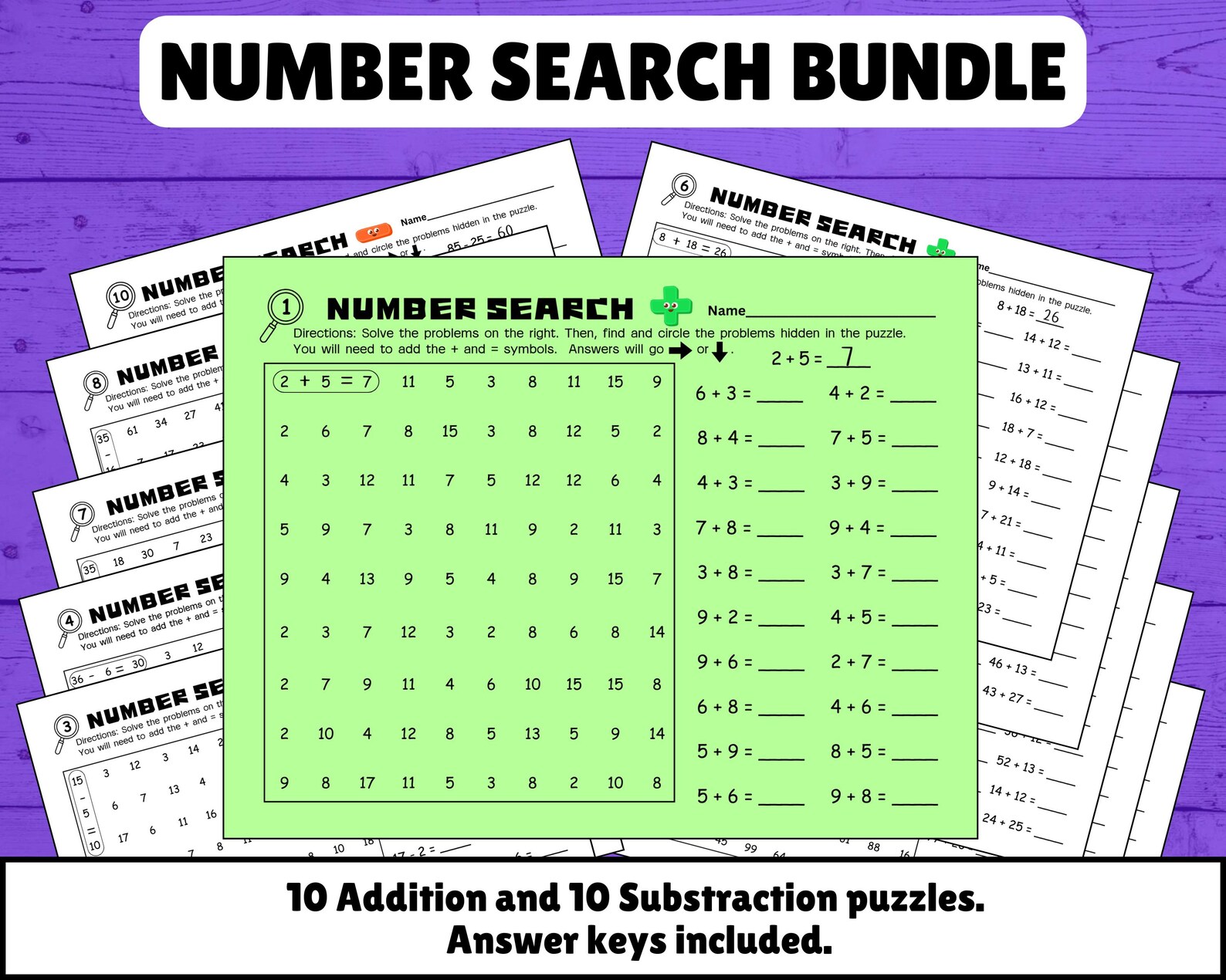 Math Fact Fluency Number Search Bundle, Printable Math Puzzles for Kids ...