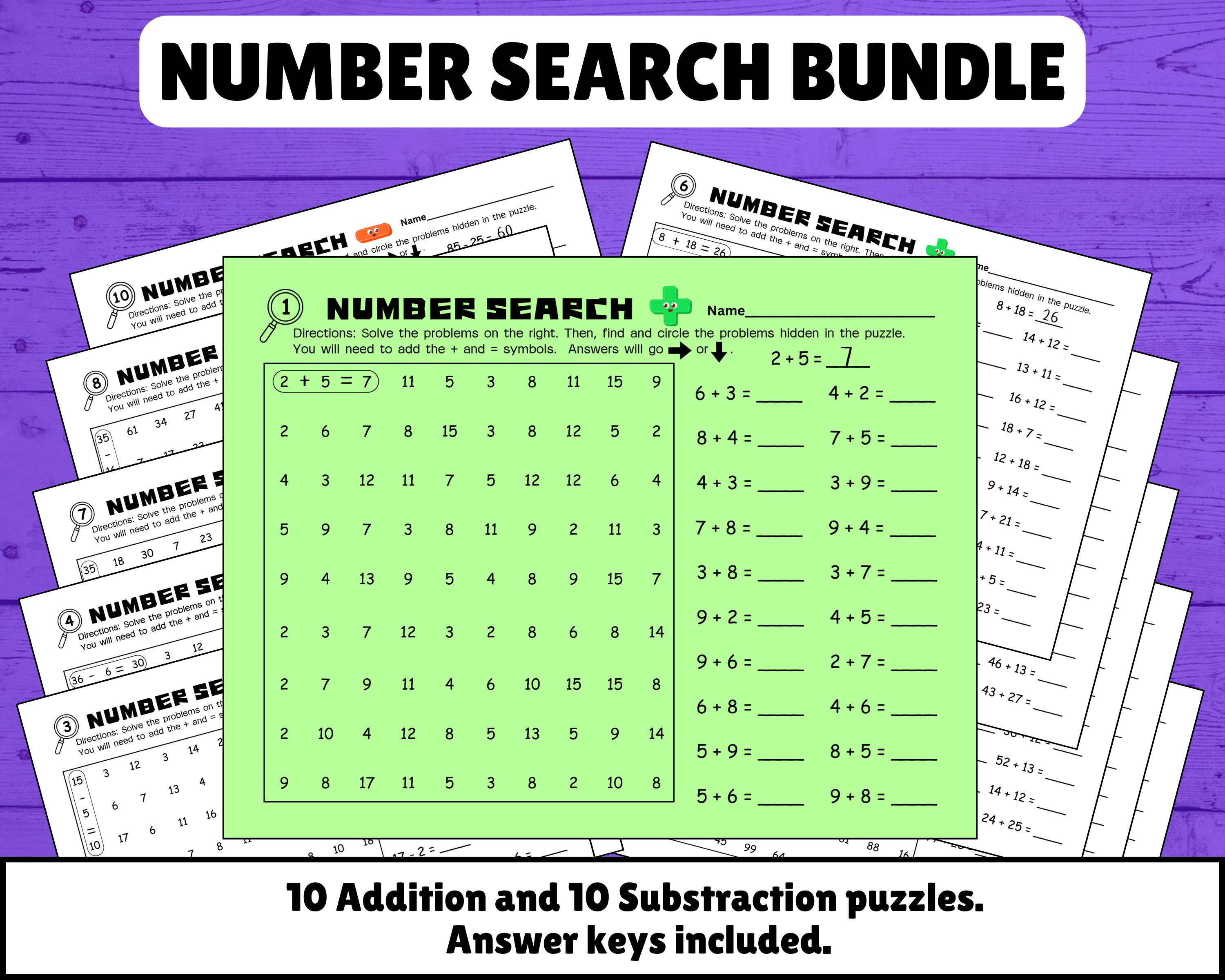 Math Fact Fluency Number Search Bundle, Printable Math Puzzles for Kids ...