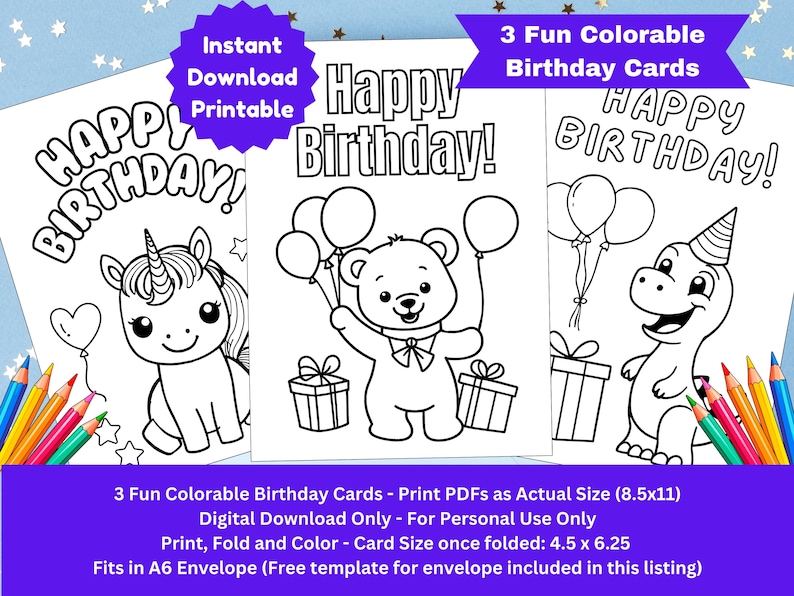 3 PRINTABLE Happy Birthday Coloring Cards, Happy Birthday Card for Kids ...