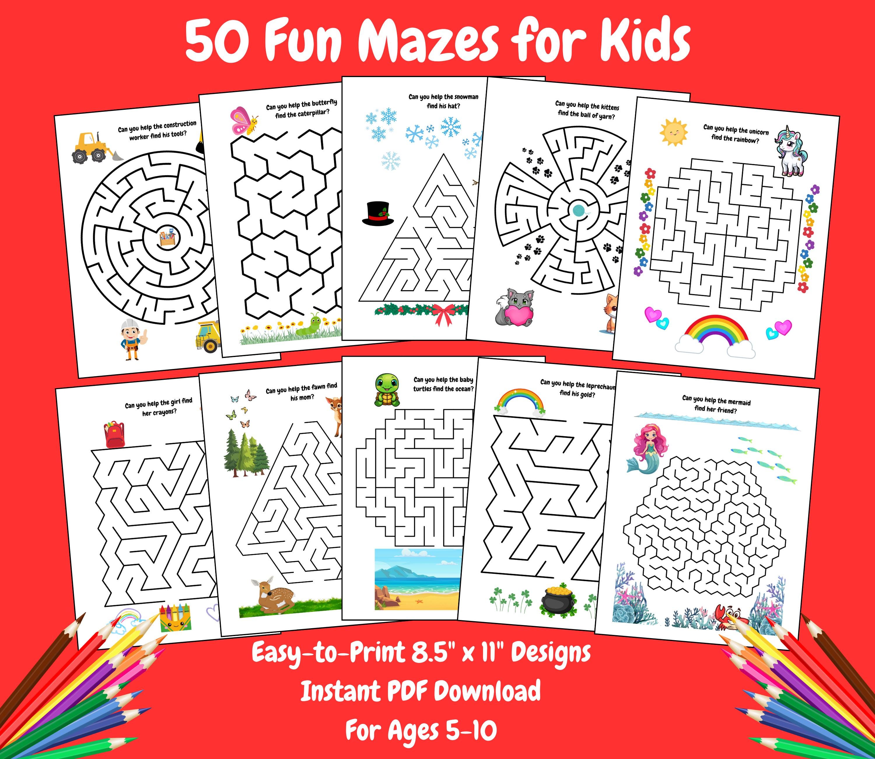 50 Printable Mazes for Kids, Fun Mazes for Kids, Kids Activities ...
