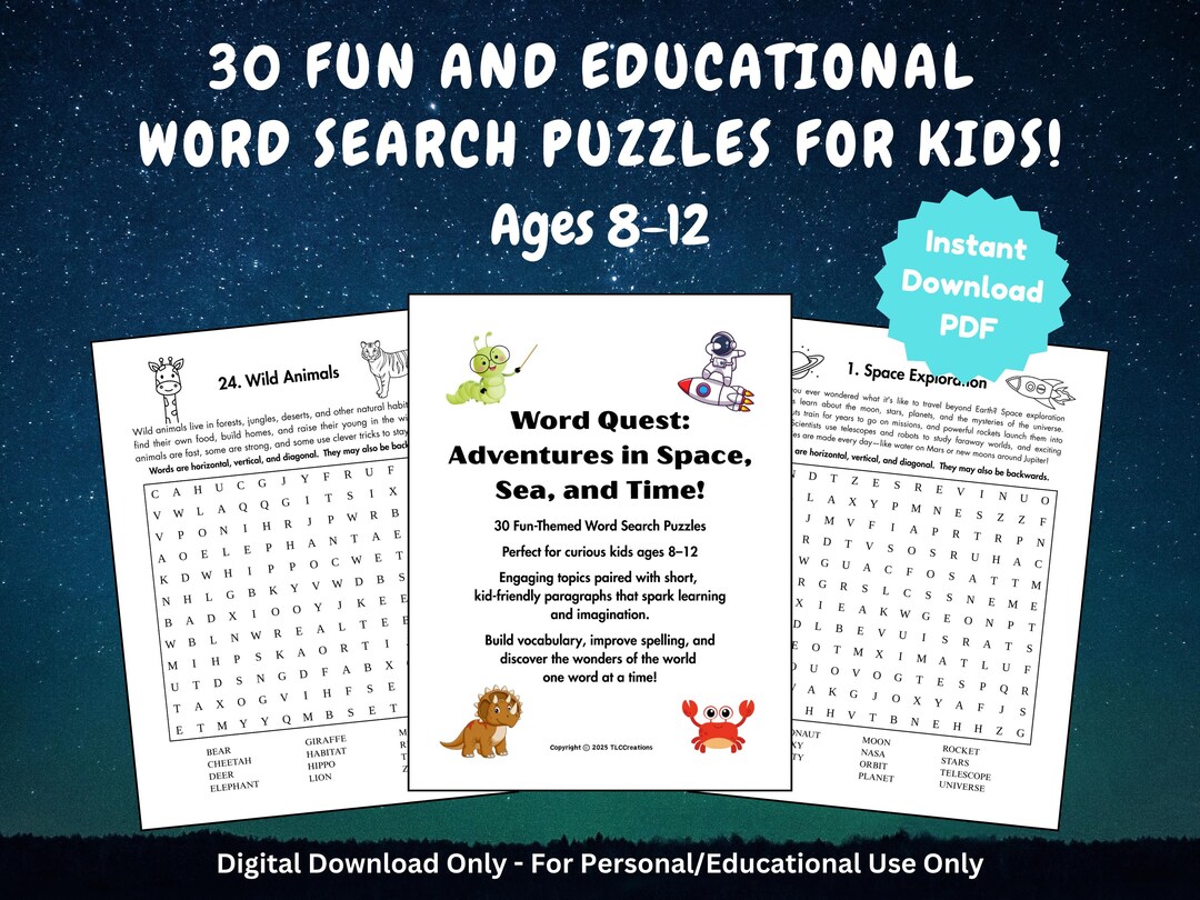 30 Printable Word Search Puzzles for Kids 8-12, Word Games for Kids ...
