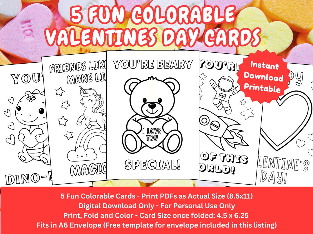 5 PRINTABLE Valentine's Day Coloring Cards, Valentines Day Cards, DIY ...