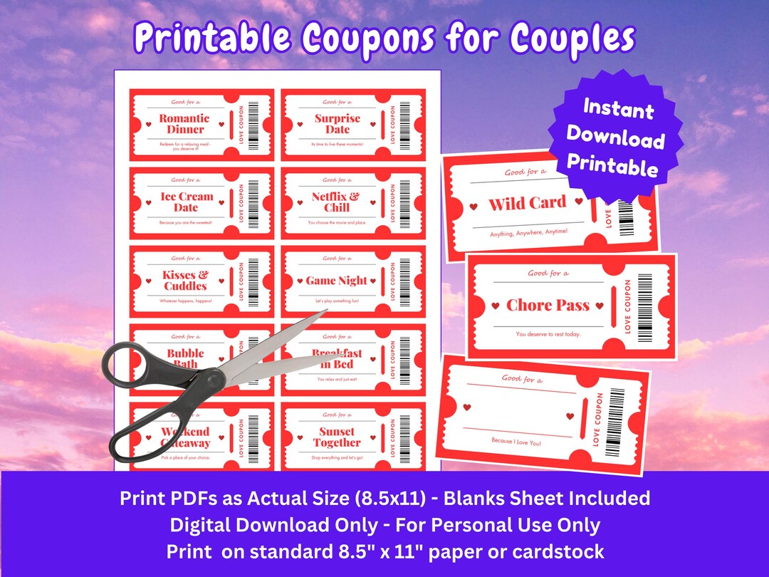Coupon Card Printable for Couples, Love Coupons for Couples, Gift ...
