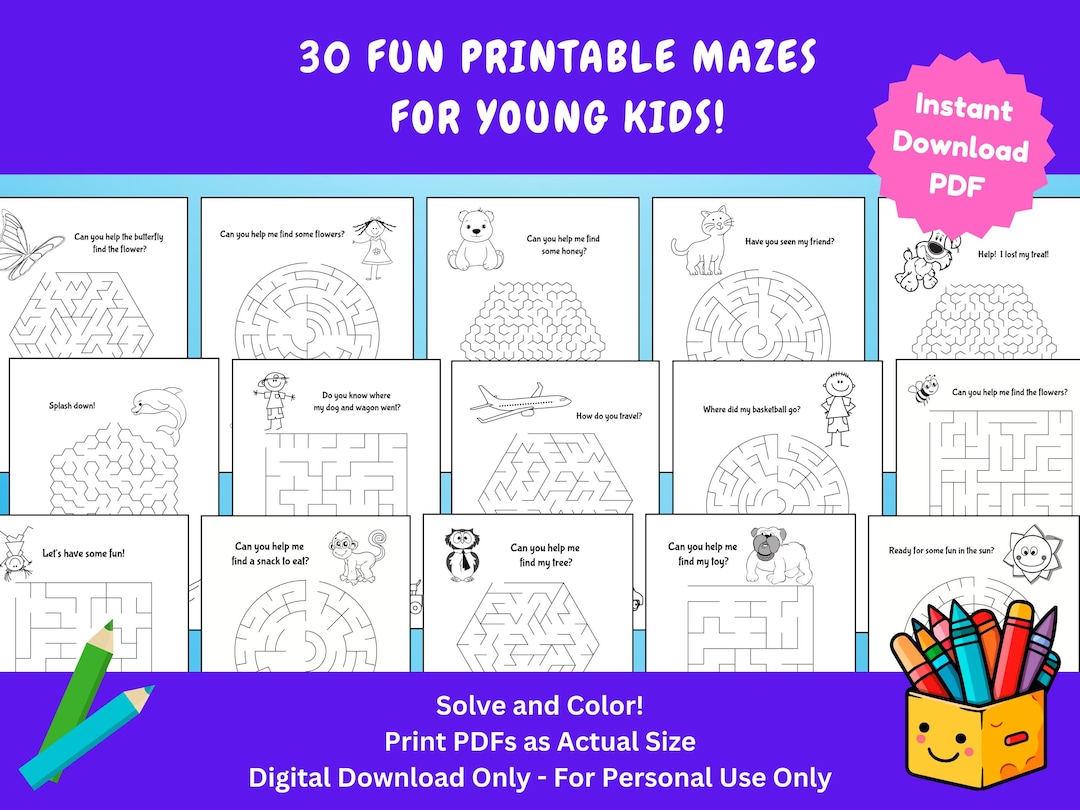 30 Printable Mazes for Kids, Fun Maze Activity, Kids Maze Game, Children's Activities, Mazes for ...