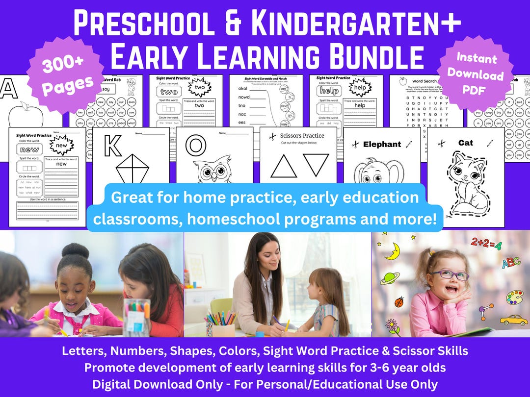 Preschool & Kindergarten Learning Bundle, 300+ Printable Worksheets ...