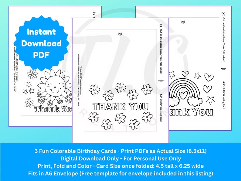 3 PRINTABLE Thank You Coloring Cards, Thank You Cards, DIY Gifts, Kid ...