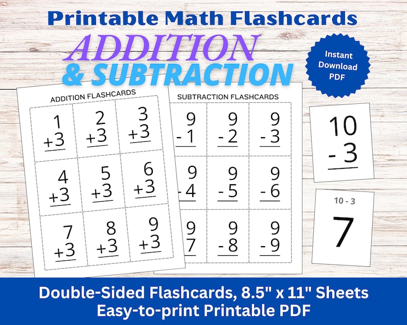 Math Flashcard Bundle: Addition & Subtraction Practice (printable PDF ...