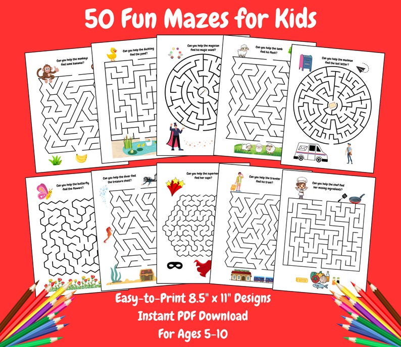 50 Fun Mazes for Kids: Printable Children's Activities (PDF) - Etsy
