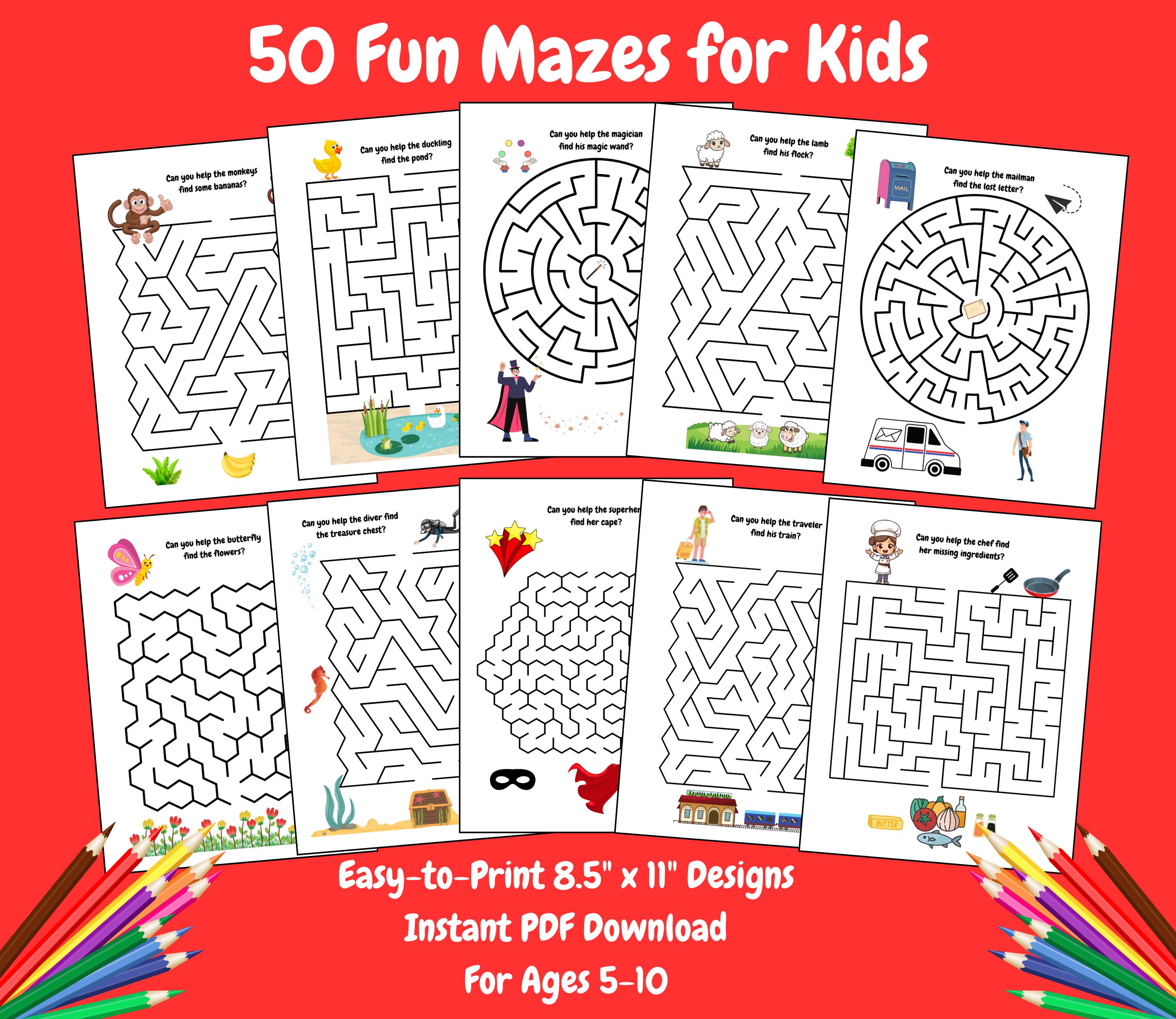 50 Printable Mazes for Kids, Fun Mazes for Kids, Kids Activities ...