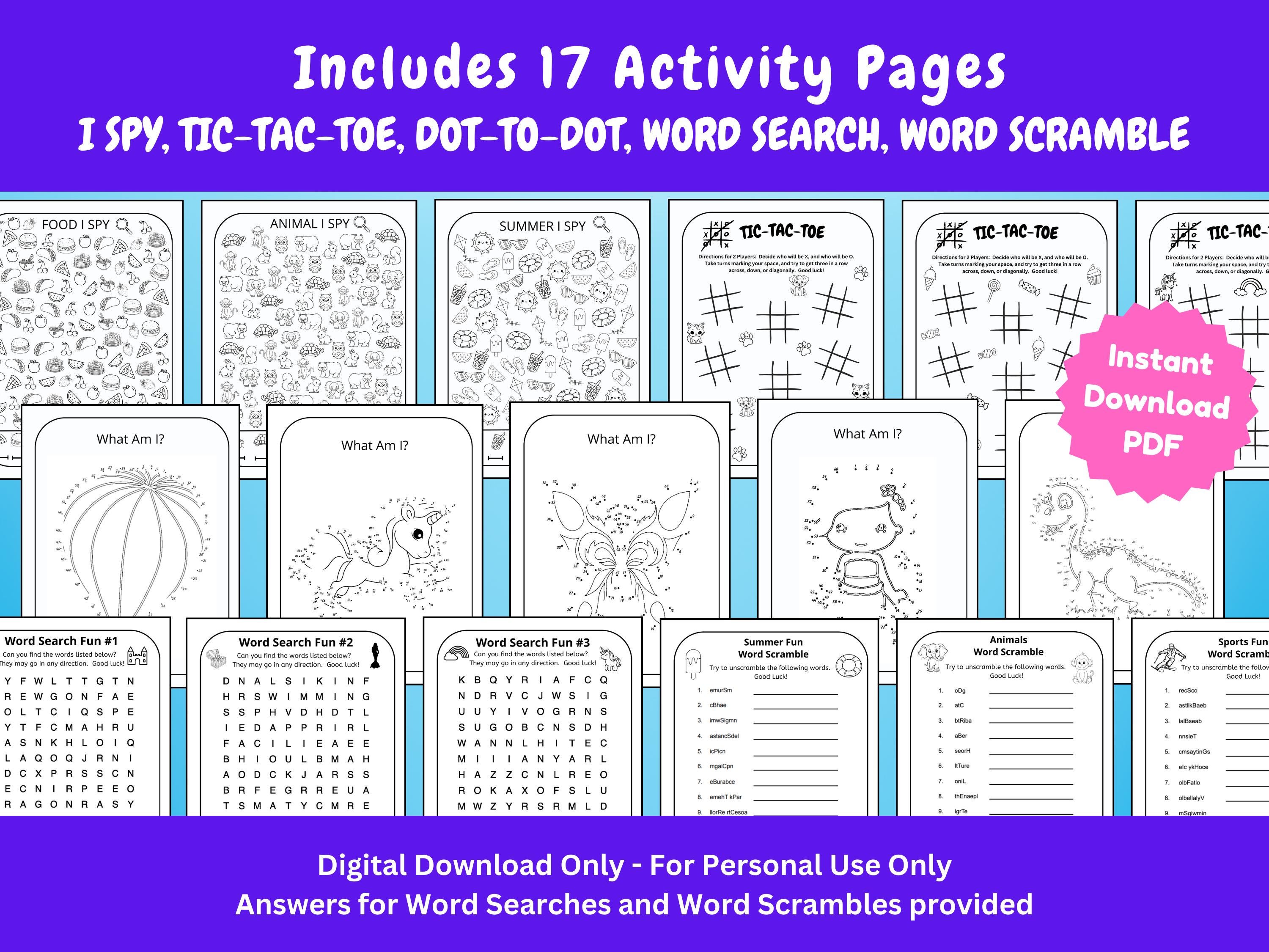 Kids Activity Bundle: 50 Printable Games, Mazes, Coloring, I Spy, Word ...