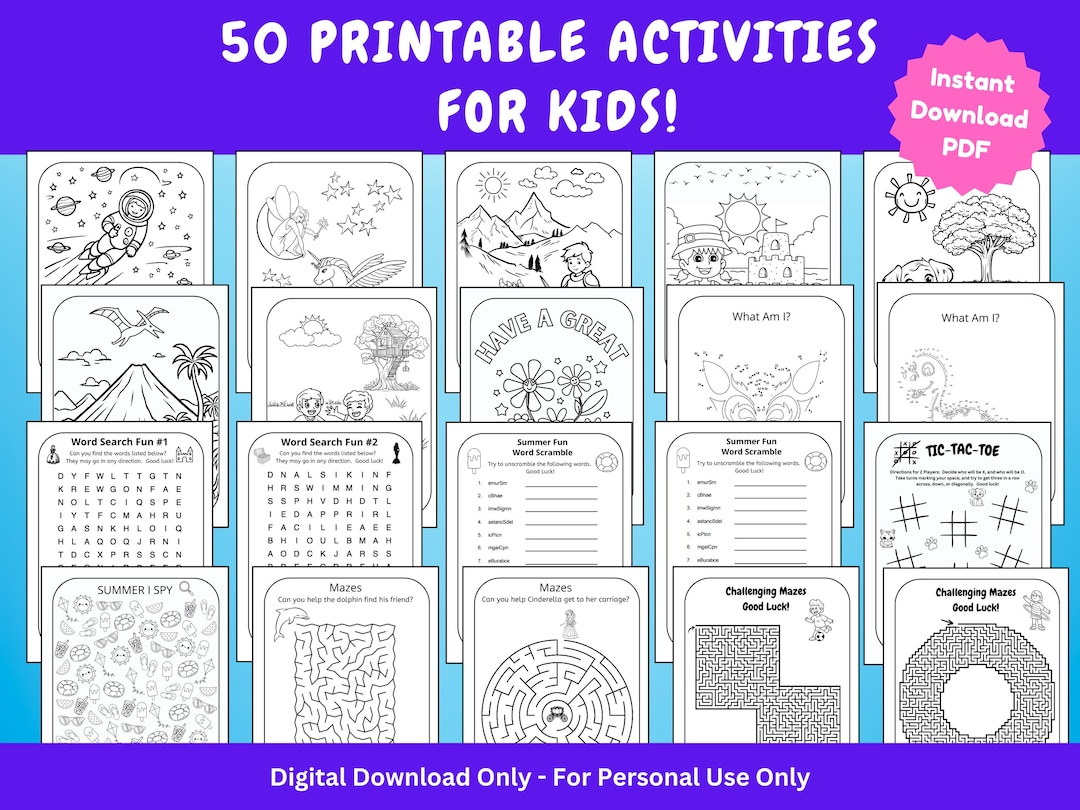 Kids Activity Bundle: 50 Printable Games, Mazes, Coloring (digital ...