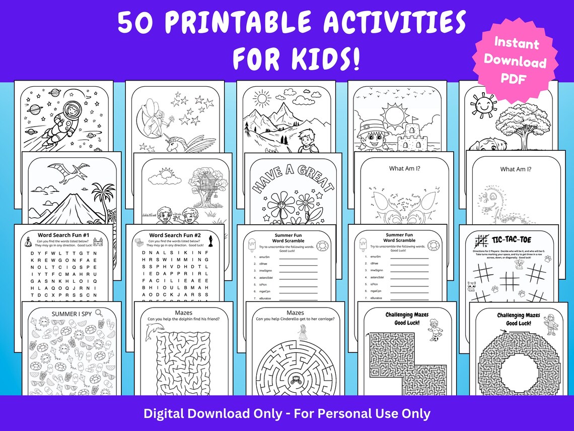 Kids Activity Bundle: 50 Printable Games, Mazes, Coloring, I Spy, Word ...