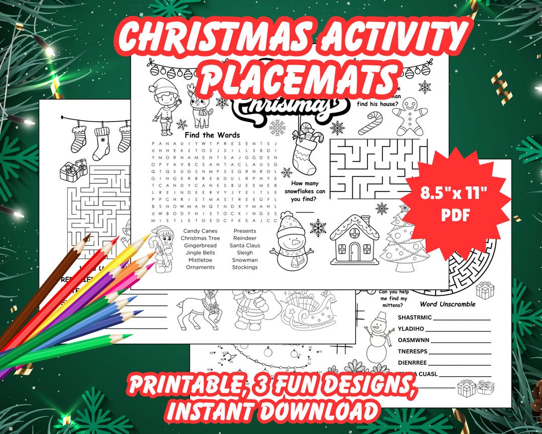 3 Fun Holiday Activity Placemats for Kids, Christmas Activity Sheets ...