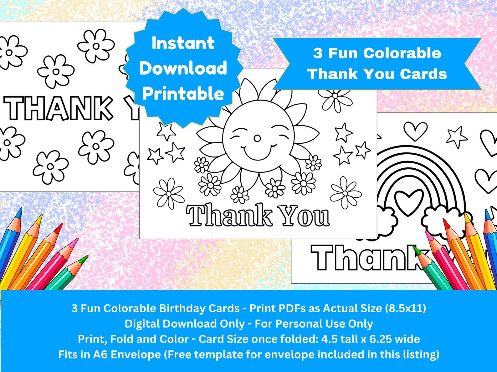 3 PRINTABLE Thank You Coloring Cards, Thank You Cards, DIY Gifts, Kid ...