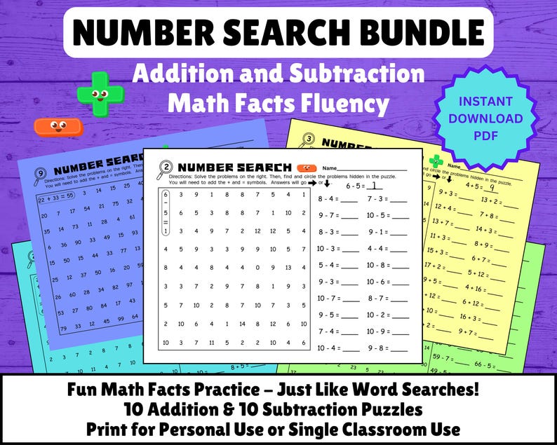 Math Fact Fluency Number Search Bundle, Printable Math Puzzles for Kids ...