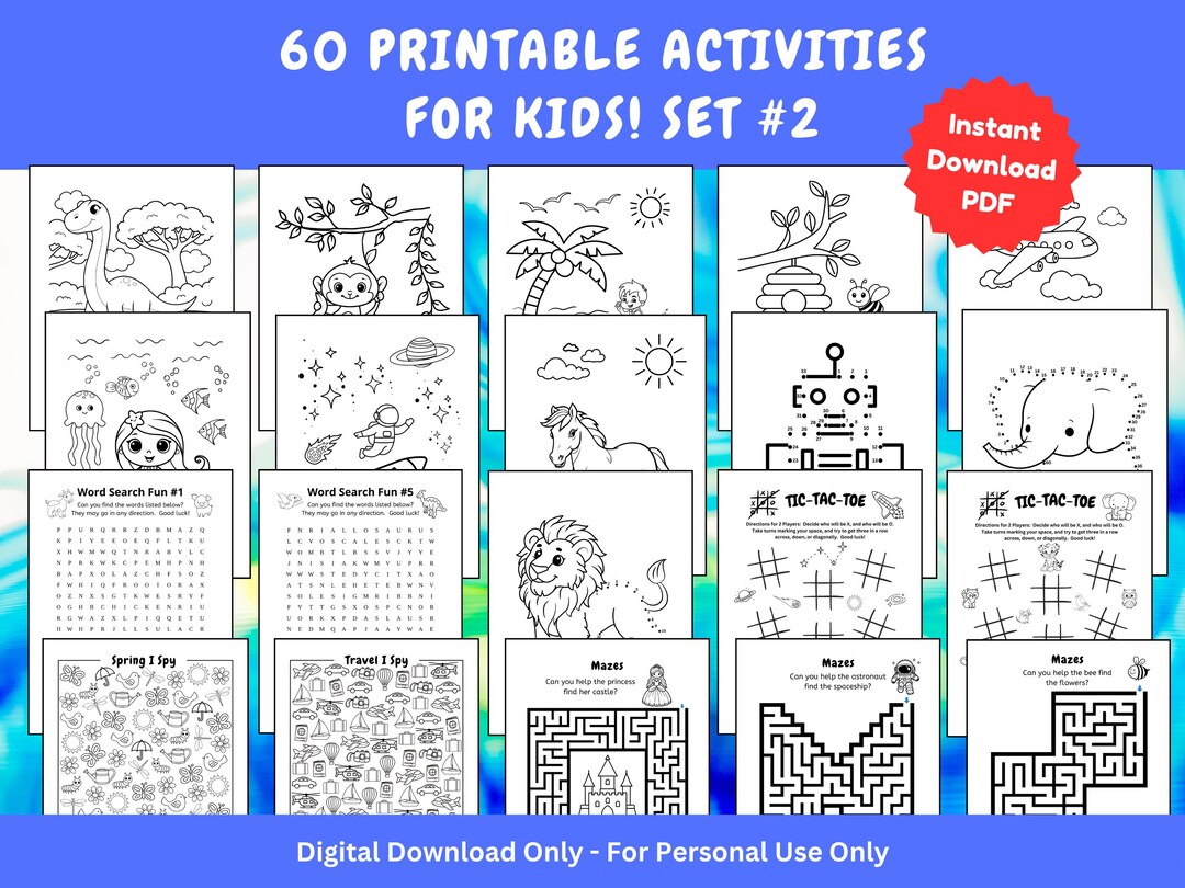 Kids Activity Bundle - Set #2 , 60 Printable Activities, Coloring Pages ...