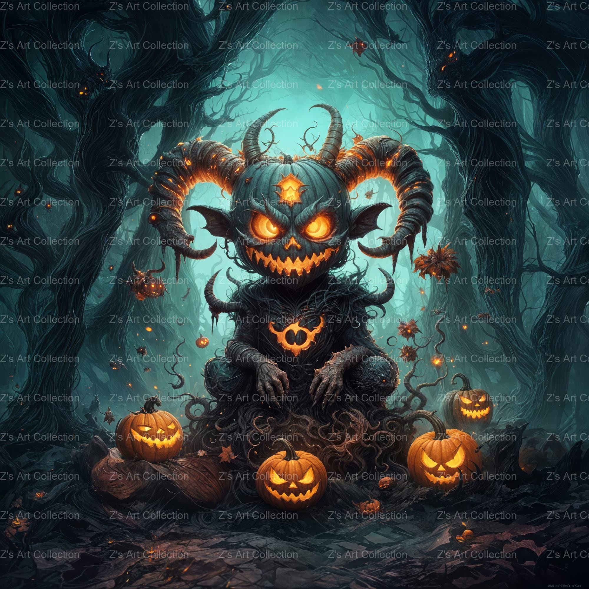 Pumpkin Monster Halloween Wall Art, Spooky Forest Scene Poster Print ...