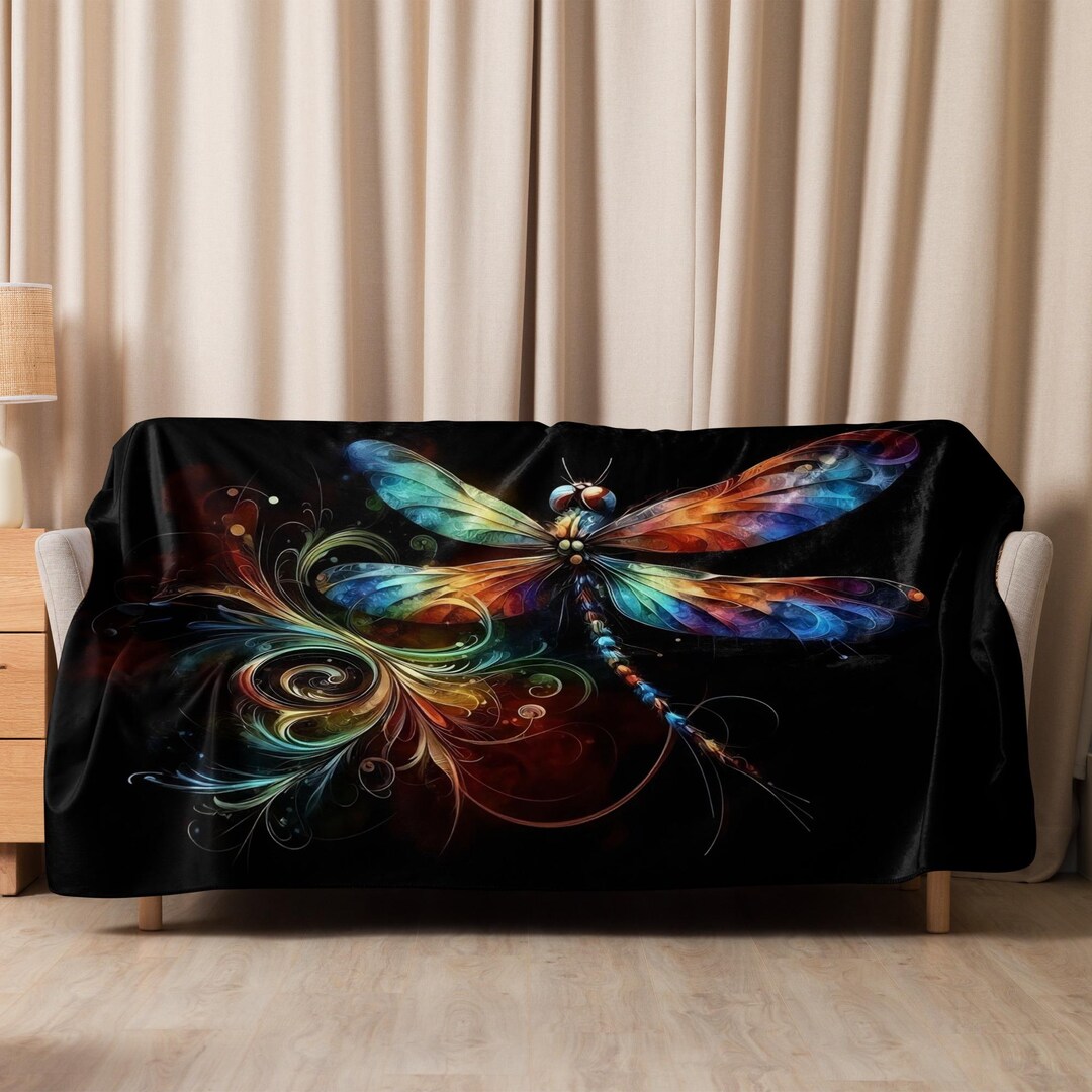 Dragonfly Throw Blanket, Black Sherpa Blanket, Watercolor Dragonfly ...
