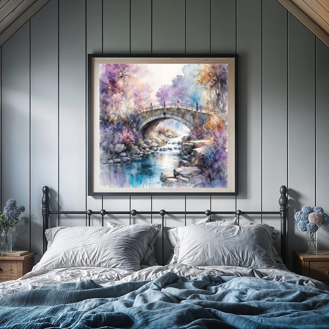 Watercolor Stone Arch Bridge Art Print: Tranquil Landscape Wall Artwork ...