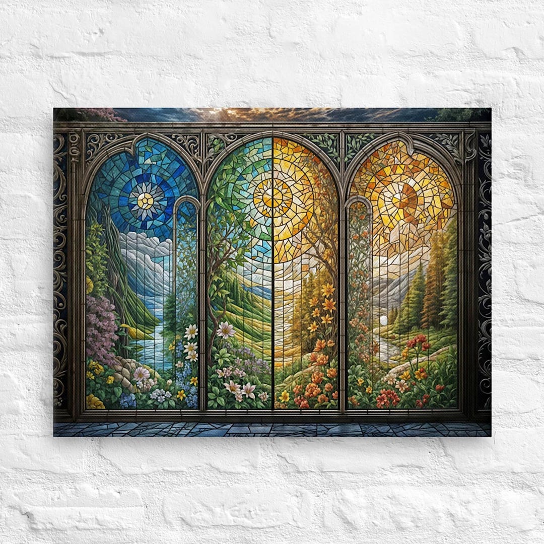 Four Seasons Canvas, Stained-glass Window Scene, Panoramic Stained ...