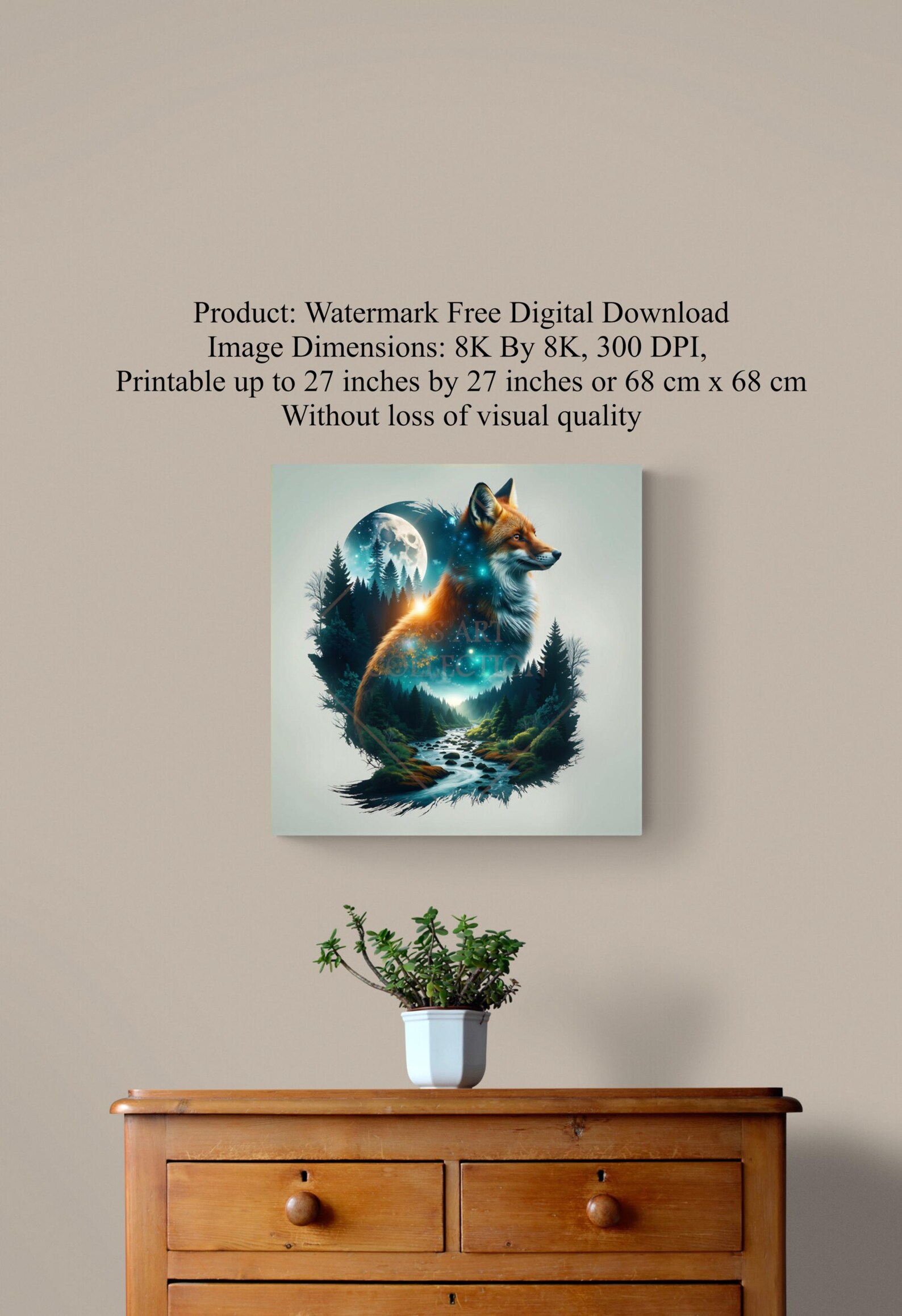 Digital Fox Print, Double Exposure Forest Animal Wall Art, Printable Mystical Night Scene ...