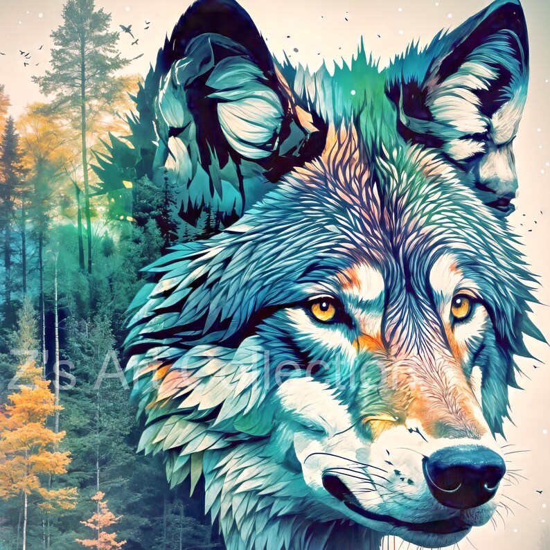 Mystic Wolf Digital Art Print, Colorful Forest Wildlife Décor, High ...