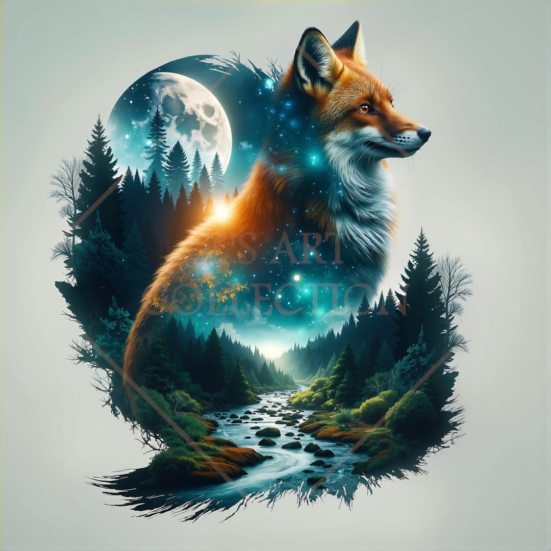 Digital Fox Print, Double Exposure Forest Animal Wall Art, Printable ...
