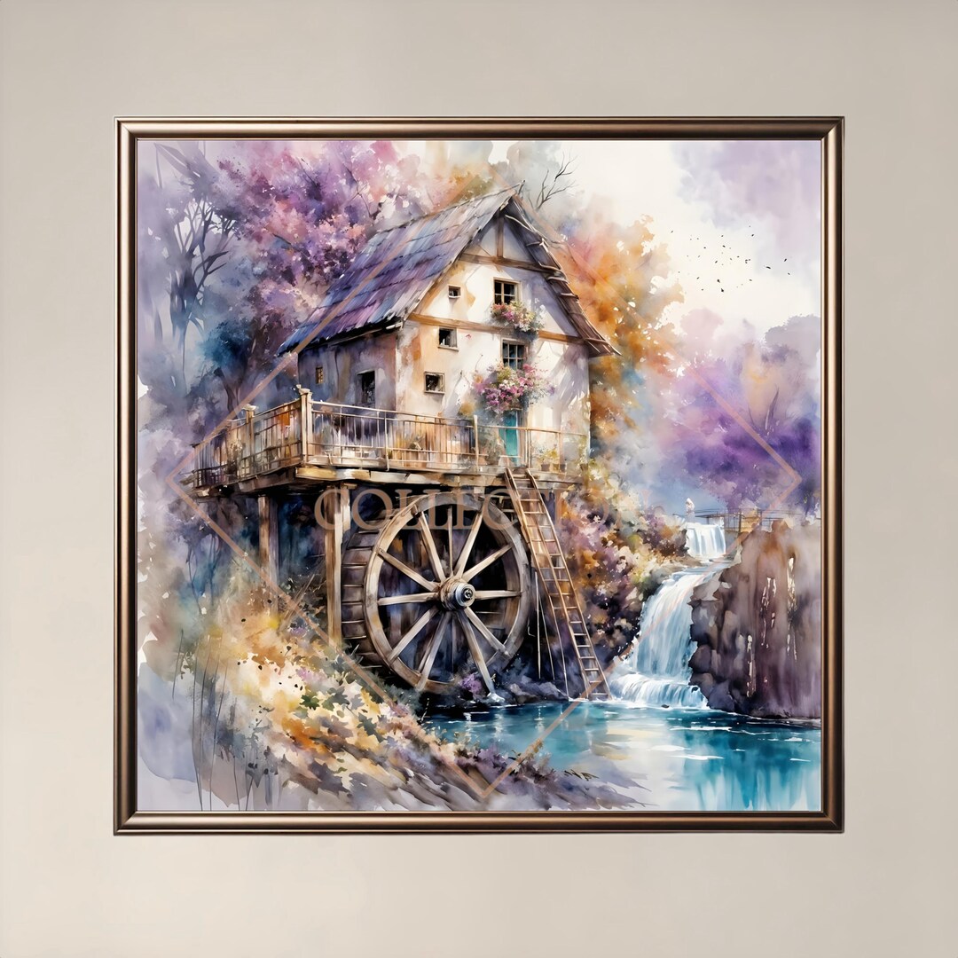 Charming Waterwheel Watercolor Art Print - Peaceful Waterfall in Blue ...