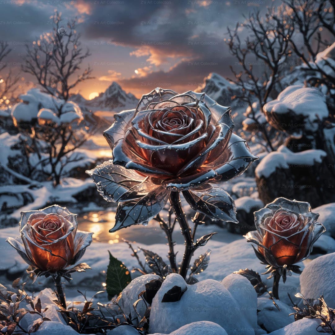 Red Rose Frozen in Snow, Winter Flower Wall Print, Instant Download for ...