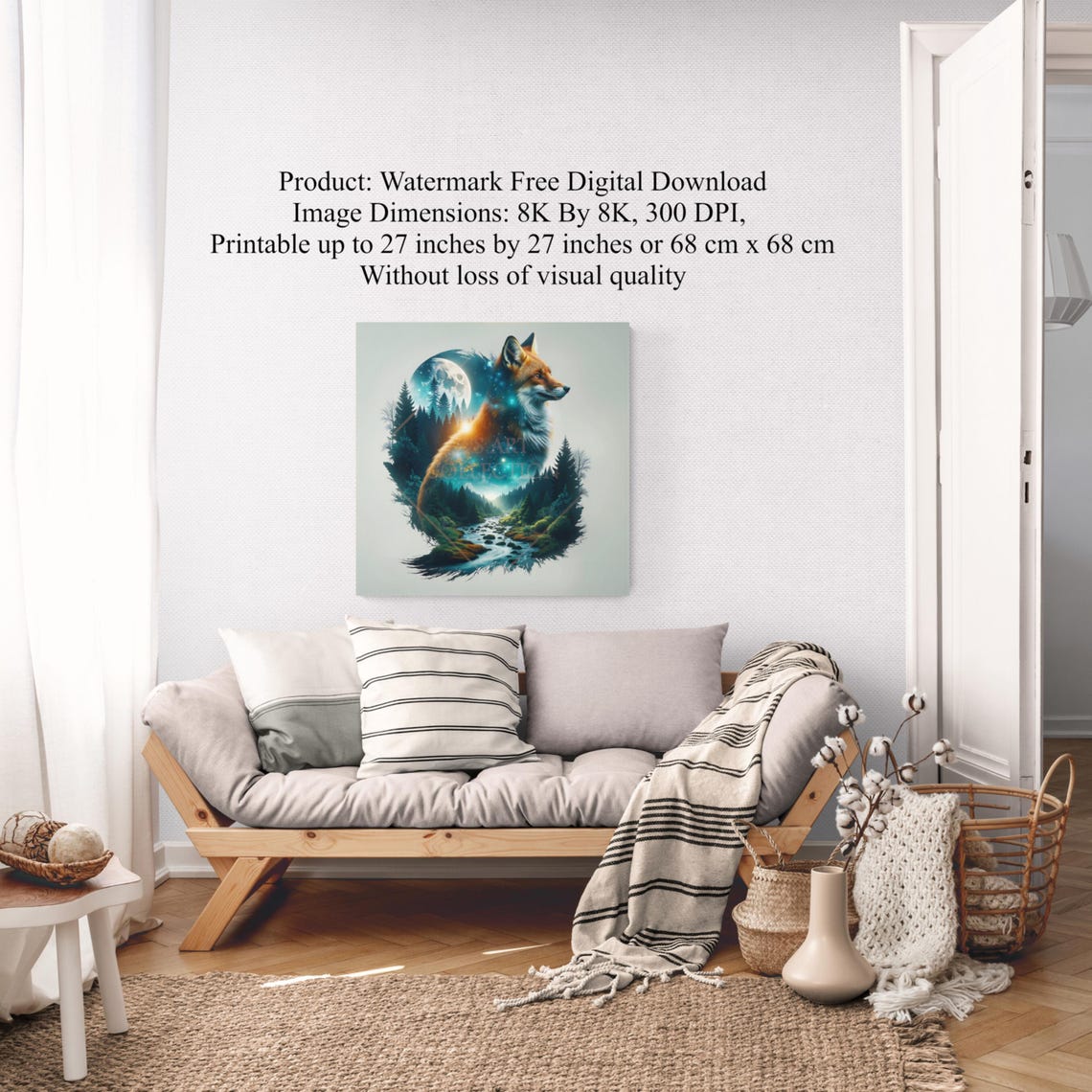 Digital Fox Print, Double Exposure Forest Animal Wall Art, Printable Mystical Night Scene ...