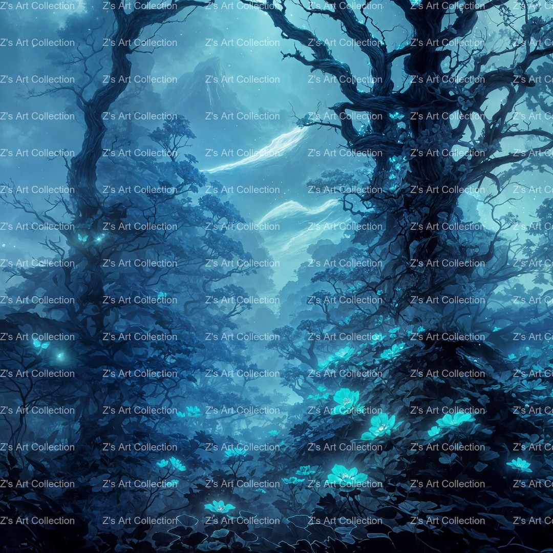 Dreamlike Blue Trees Digital Illustration, Woodland Scenery for Home ...