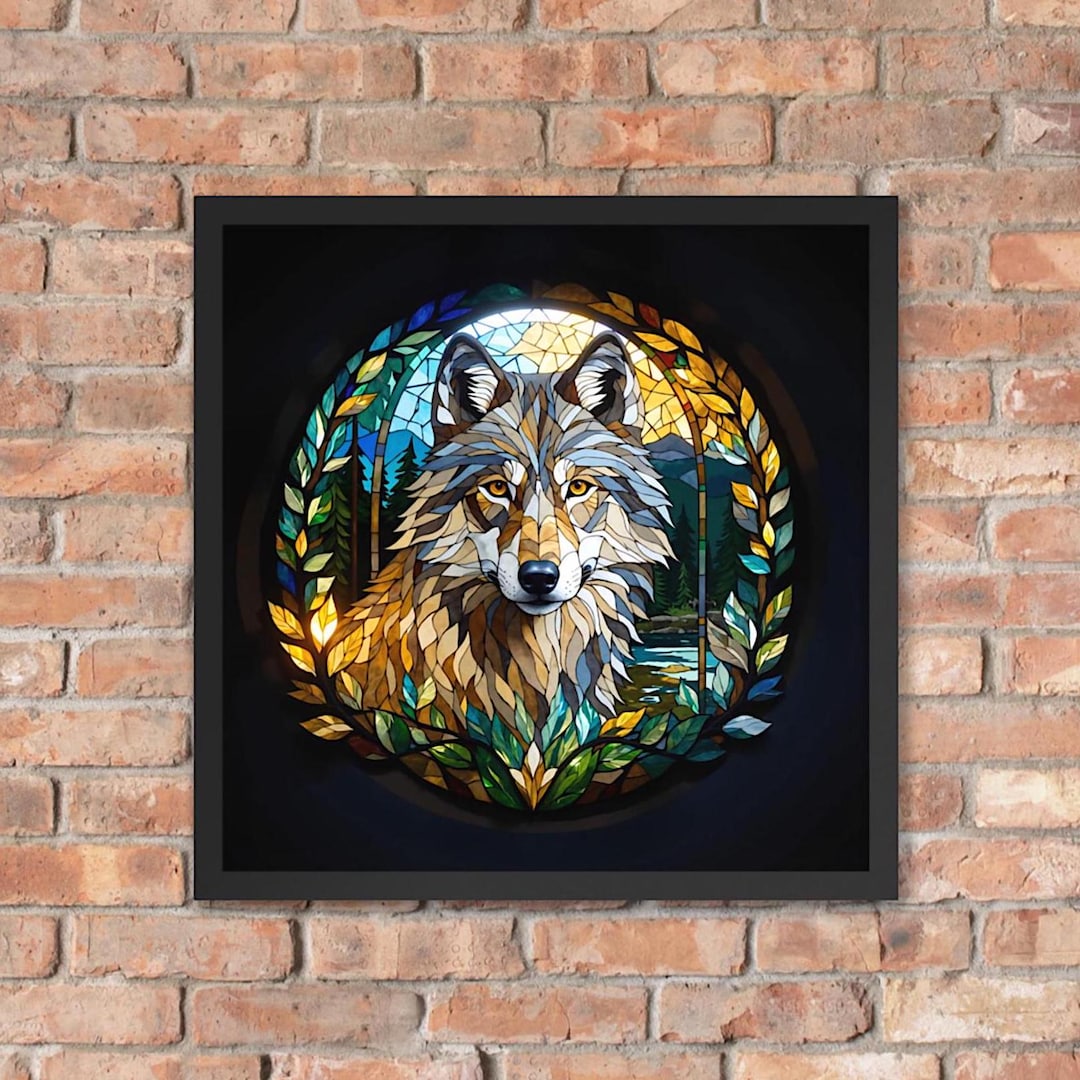 Elegant Stained Glass Wolf Print in a Beautiful Frame, Perfect Gift for ...