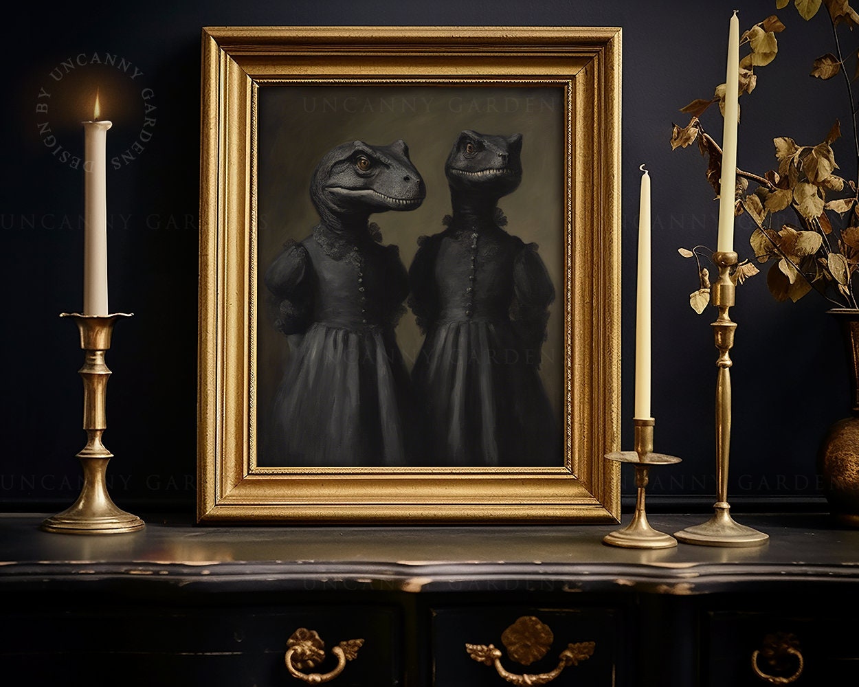 Velociraptor Sisters Art Print, Gothic Dinosaur Victorian Portrait ...