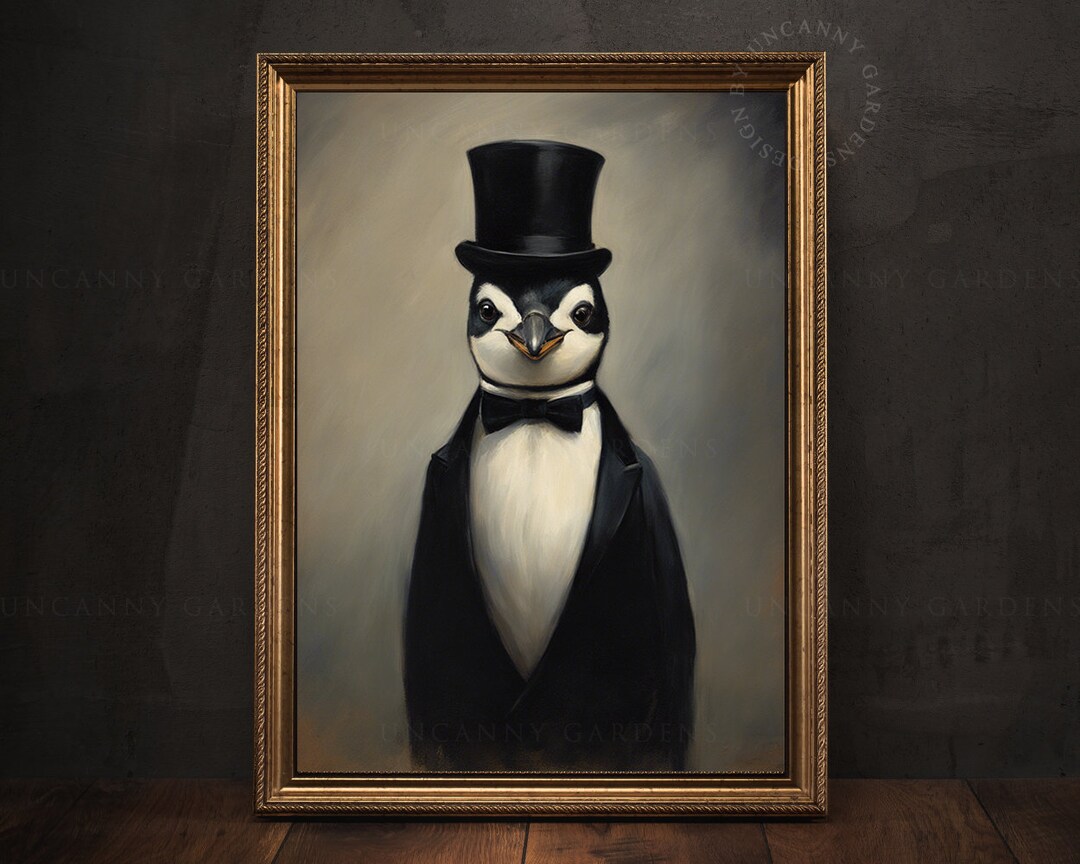 Dapper Penguin Bird in Suit Wall Art Print, Retro Surreal Animal Print ...