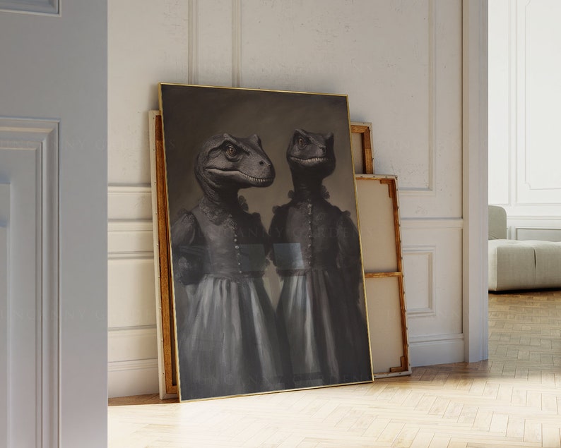 Velociraptor Sisters Art Print, Gothic Dinosaur Victorian Portrait ...